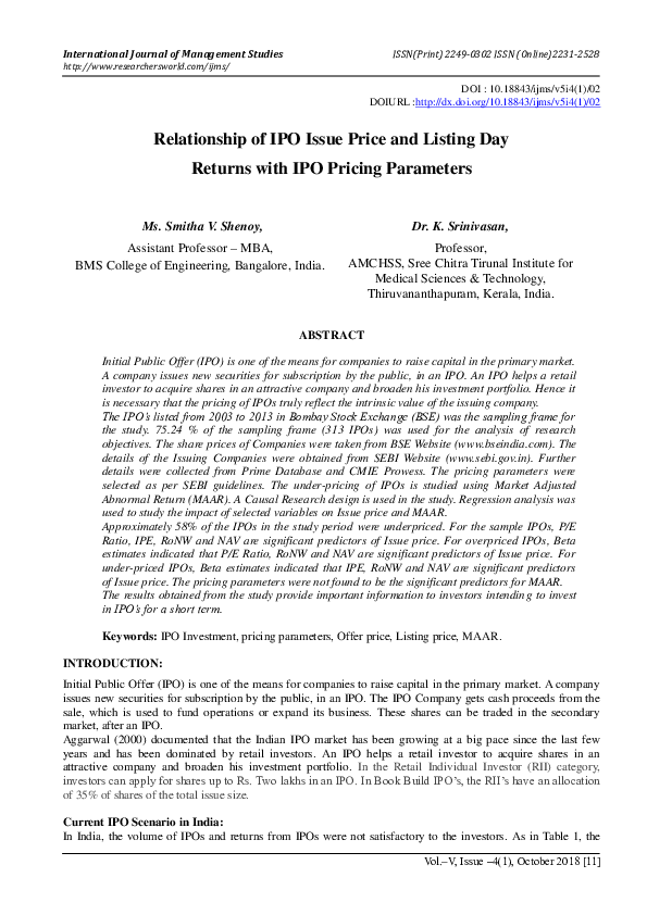 (PDF) Relationship of IPO Issue price and Listing day returns with IPO ...