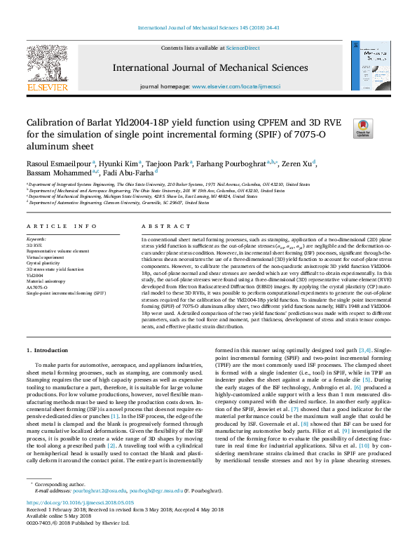 Pdf Calibration Of Barlat Yld2004 18p Yield Function Using Cpfem And
