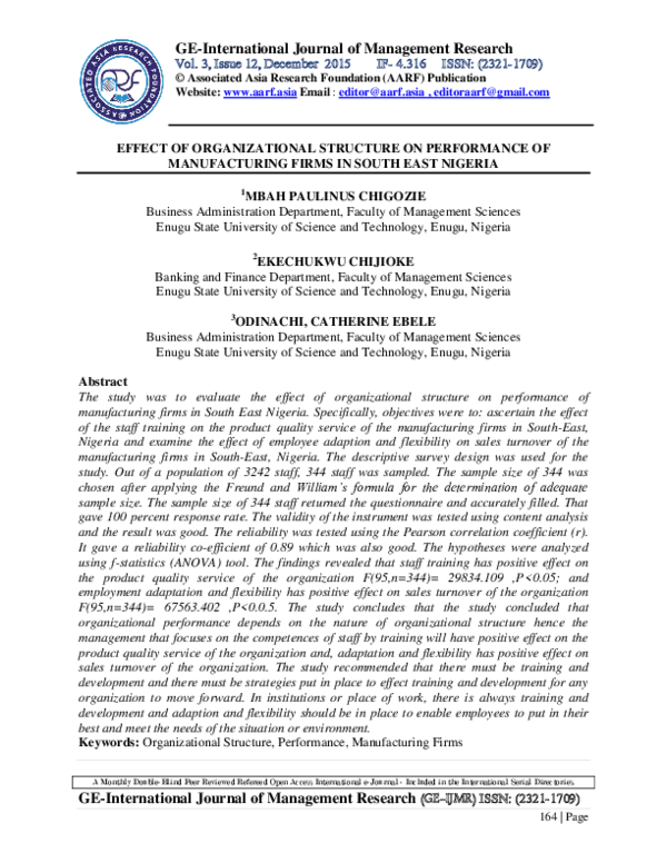 (PDF) EFFECT OF ORGANIZATIONAL STRUCTURE ON PERFORMANCE OF MANUFACTURING FIRMS IN SOUTH EAST NIGERIA