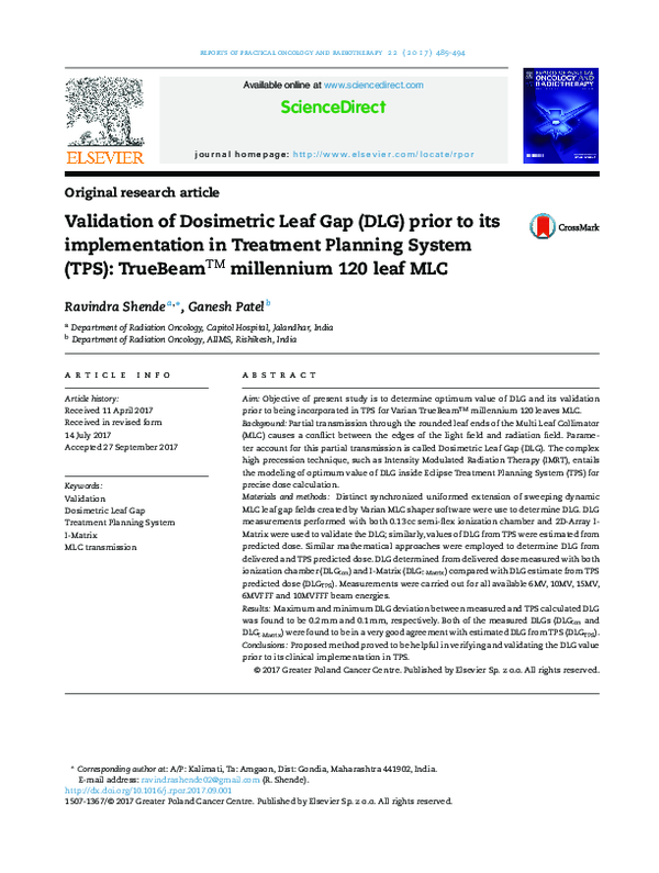 (PDF) Validation of Dosimetric Leaf Gap (DLG) prior to its ...