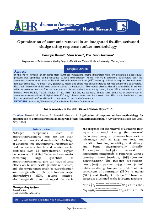 (PDF) Optimization of ammonia removal in an integrated fix-film activated sludge using response ...