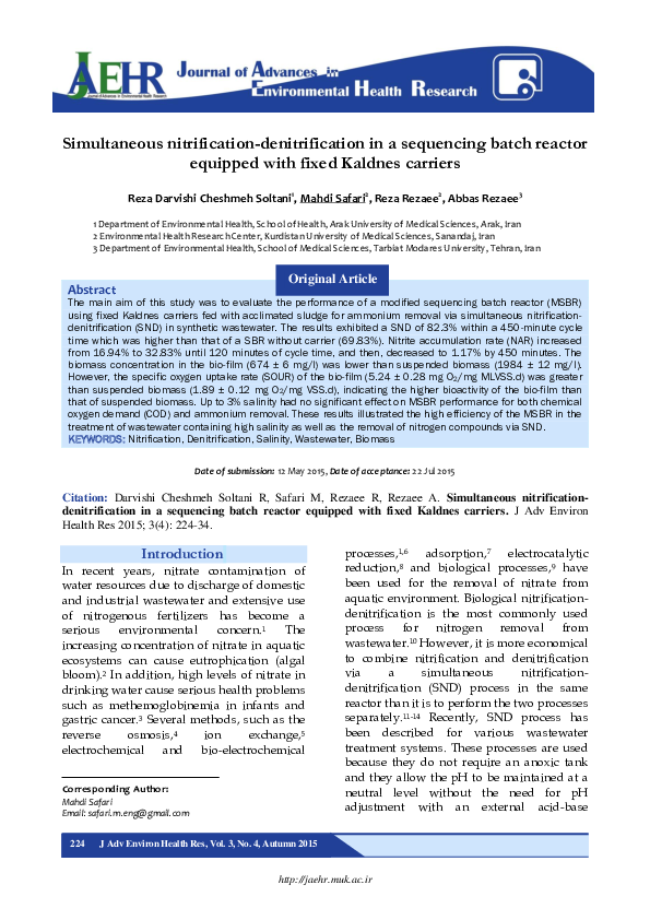 Pdf Simultaneous Nitrification Denitrification In A Sequencing Batch Reactor Equipped With