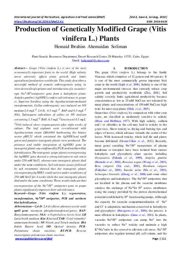 (PDF) Production of Genetically Modified Grape (Vitis vinifera L.) Plants