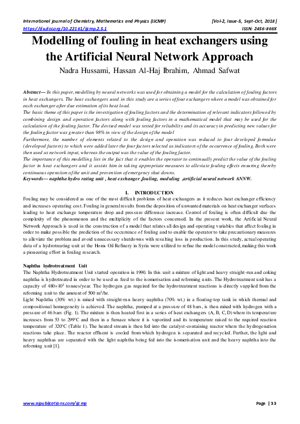(PDF) Modelling of fouling in heat exchangers using the Artificial Neural Network Approach