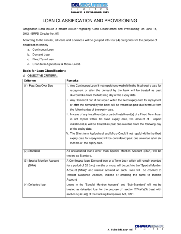 (PDF) A Subsidiary of LOAN CLASSIFICATION AND PROVISIONING