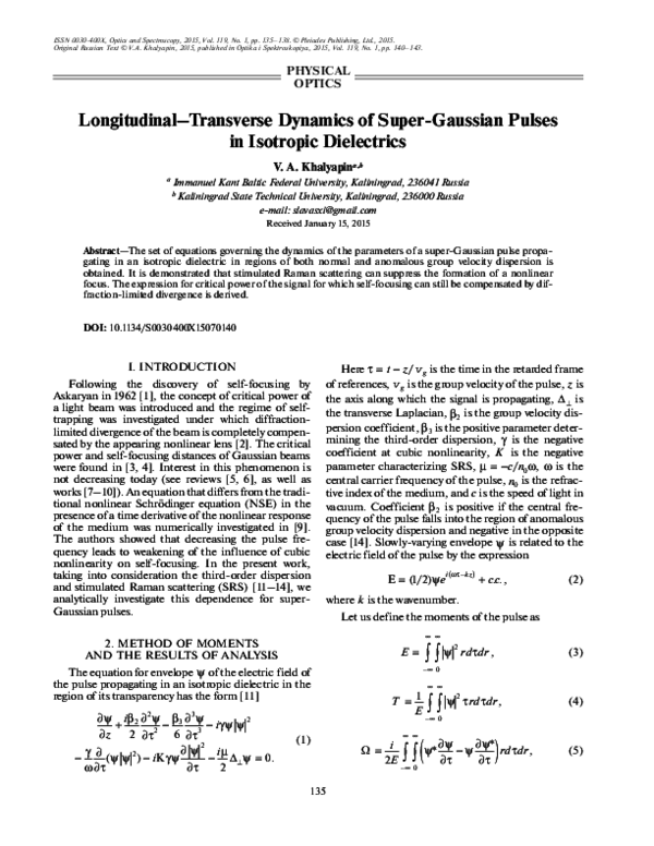 (PDF) Longitudinal–Transverse Dynamics of Super-Gaussian Pulses in ...