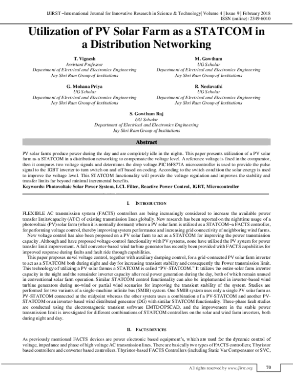 Pdf Utilization Of Pv Solar Farm As A Statcom In A Distribution Networking