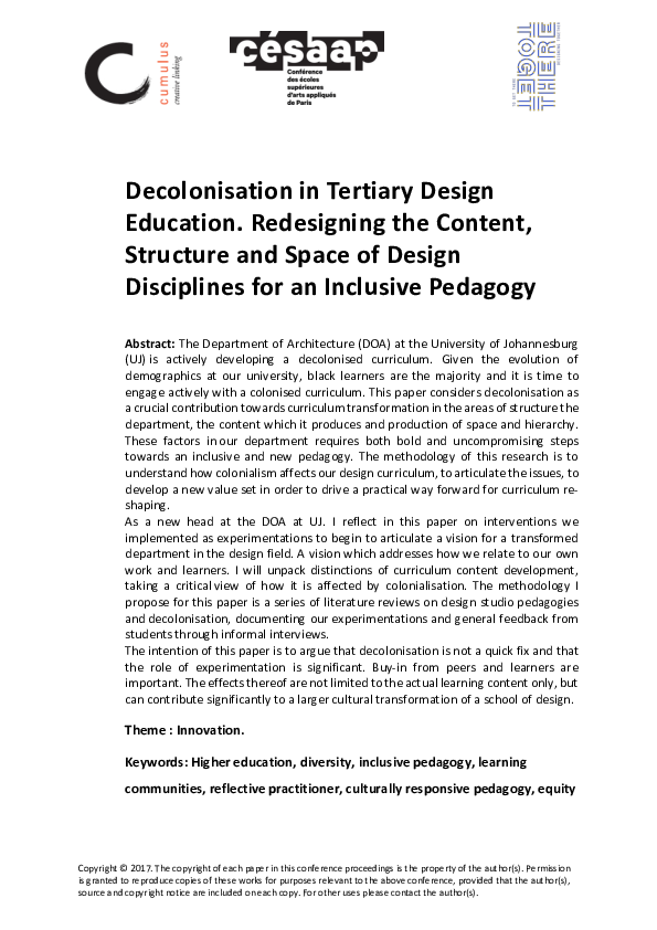 (PDF) Decolonisation in Tertiary Design Education. Redesigning the ...