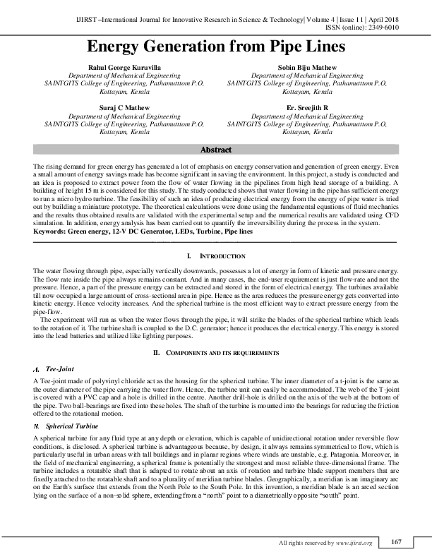 (PDF) Energy Generation from Pipe Lines