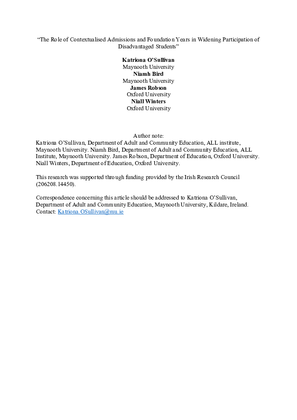 (PDF) " The Role of Contextualised Admissions and Foundation Years in ...