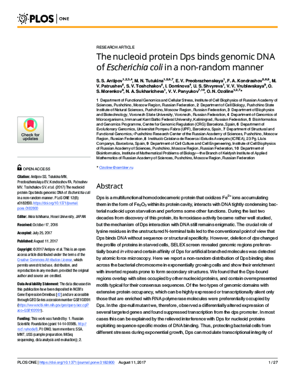 (PDF) The nucleoid protein Dps binds genomic DNA of Escherichia coli in ...