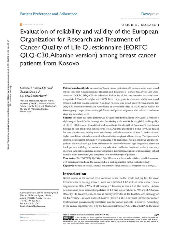 (PDF) Evaluation of reliability and validity of the European Organization for Research and ...