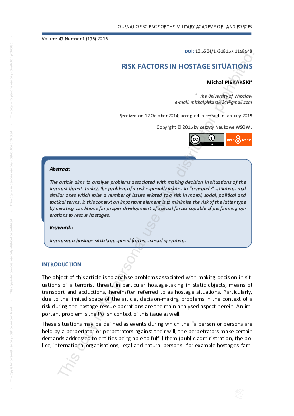 (PDF) RISK FACTORS IN HOSTAGE SITUATIONS