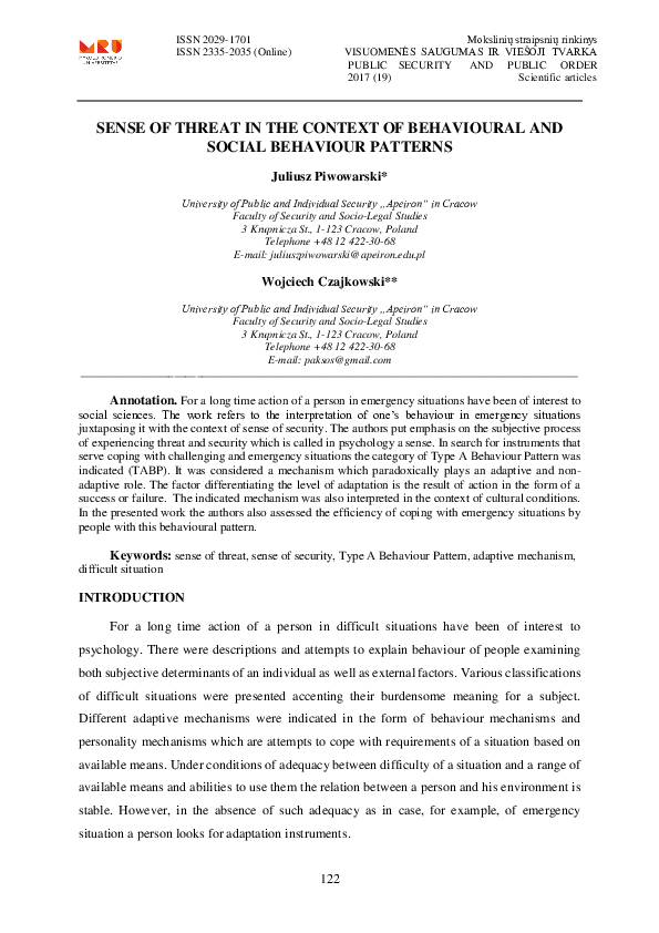 (PDF) Sense of Threat and Behavior Patterns in Emergencies