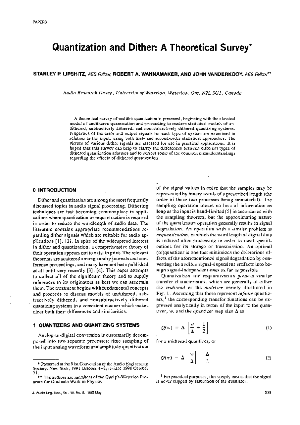 (PDF) Quantization and Dither: A Theoretical Survey