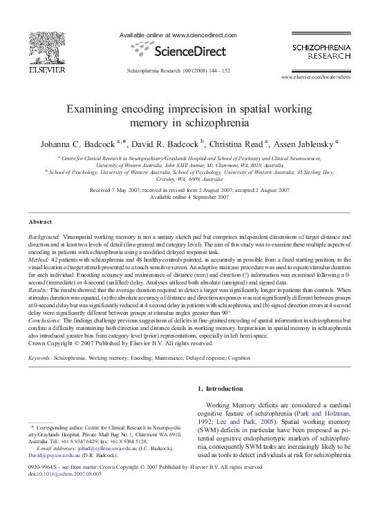 Pdf Examining Encoding Imprecision In Spatial Working Memory In Schizophrenia