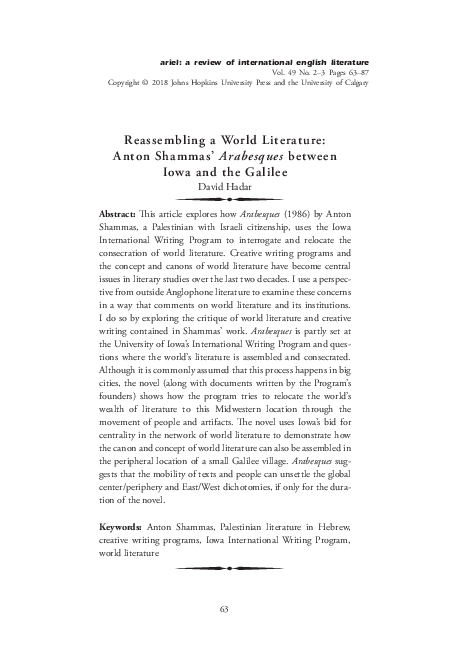(PDF) Reassembling a World Literature: Anton Shammas' Arabesques ...