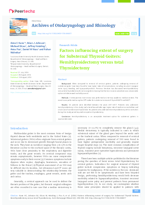(PDF) Factors influencing extent of surgery for Substernal Thyroid ...