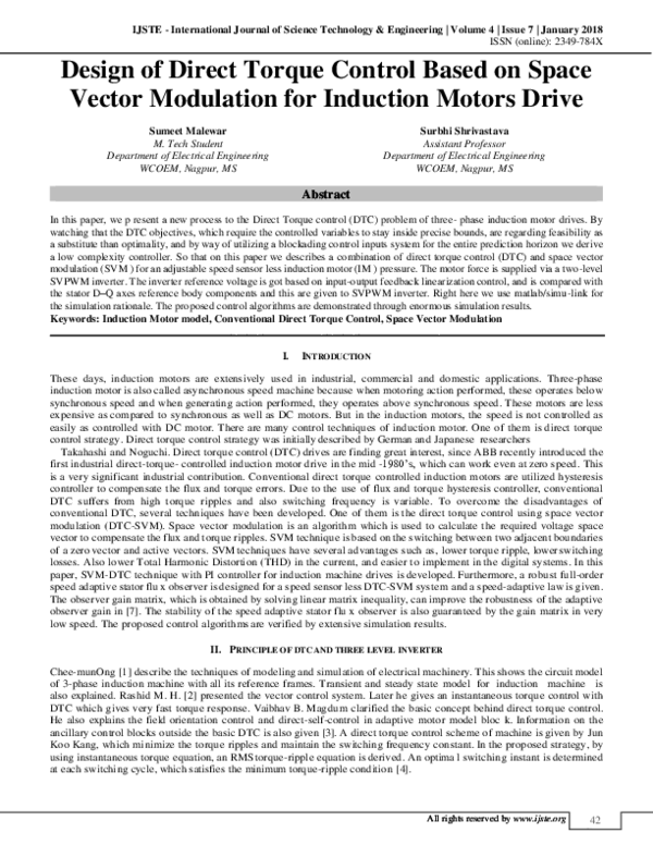Pdf Design Of Direct Torque Control Based On Space Vector Modulation