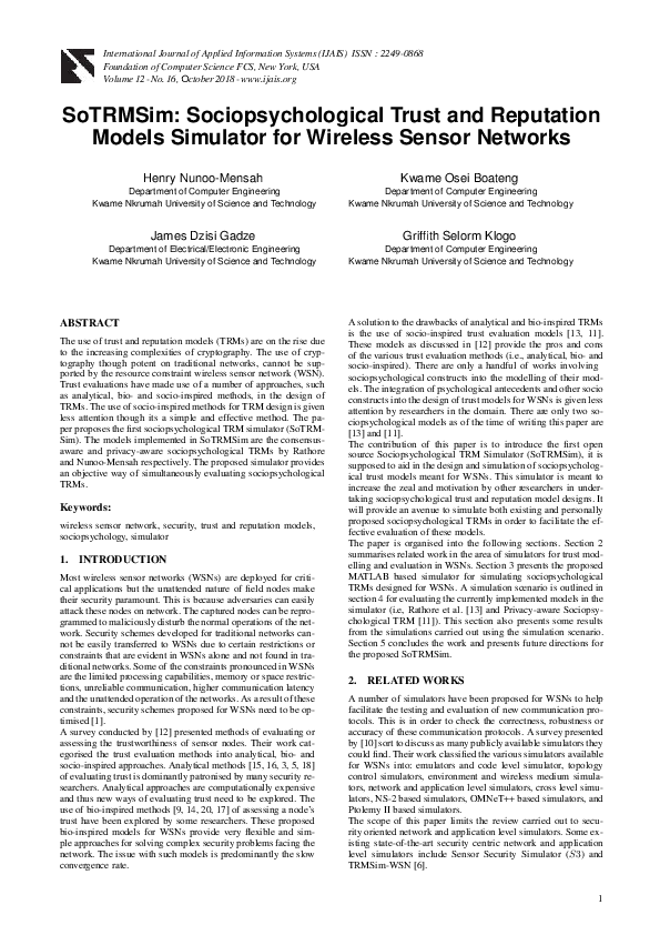 Pdf Sotrmsim Sociopsychological Trust And Reputation Models Simulator For Wireless Sensor