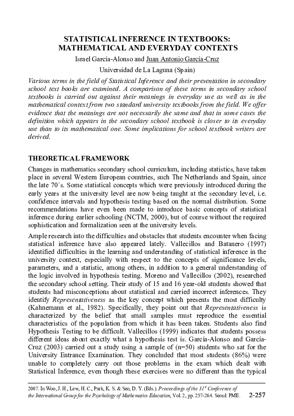 Pdf Statistical Inference In Textbooks Mathematical And Everyday Contexts