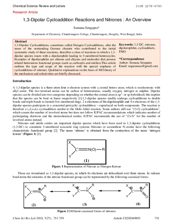 (PDF) 1,3-Dipolar Cycloaddition Reactions and Nitrones : An Overview