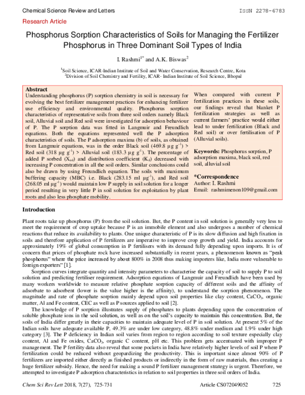 (PDF) Phosphorus Sorption Characteristics of Soils for Managing the Fertilizer Phosphorus in ...