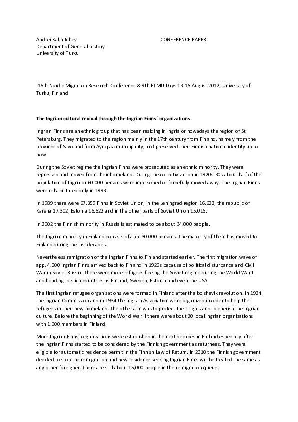 (PDF) The Ingrian cultural revival through the Ingrian Finns´ organizations