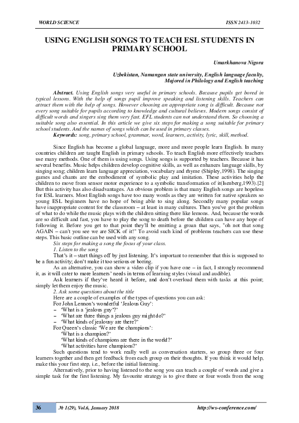 (PDF) USING ENGLISH SONGS TO TEACH ESL STUDENTS IN PRIMARY SCHOOL