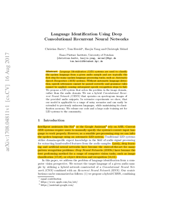 (PDF) Language Identification Using Deep Convolutional Recurrent Neural Networks