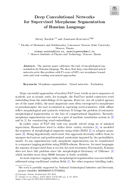 (PDF) Deep Convolutional Networks for Supervised Morpheme Segmentation of Russian Language