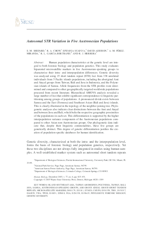 (PDF) Autosomal STR Variation in Five Austronesian Populations
