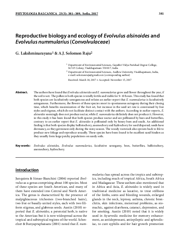 (PDF) Reproductive biology and ecology of Evolvulus alsinoides and ...