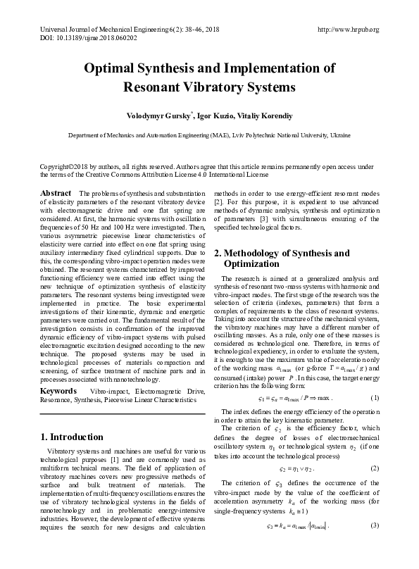 (PDF) Optimal Synthesis and Implementation of Resonant Vibratory Systems