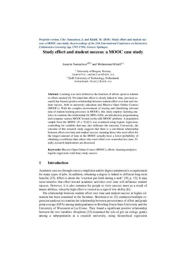 (PDF) Study effort and student success: a MOOC case study