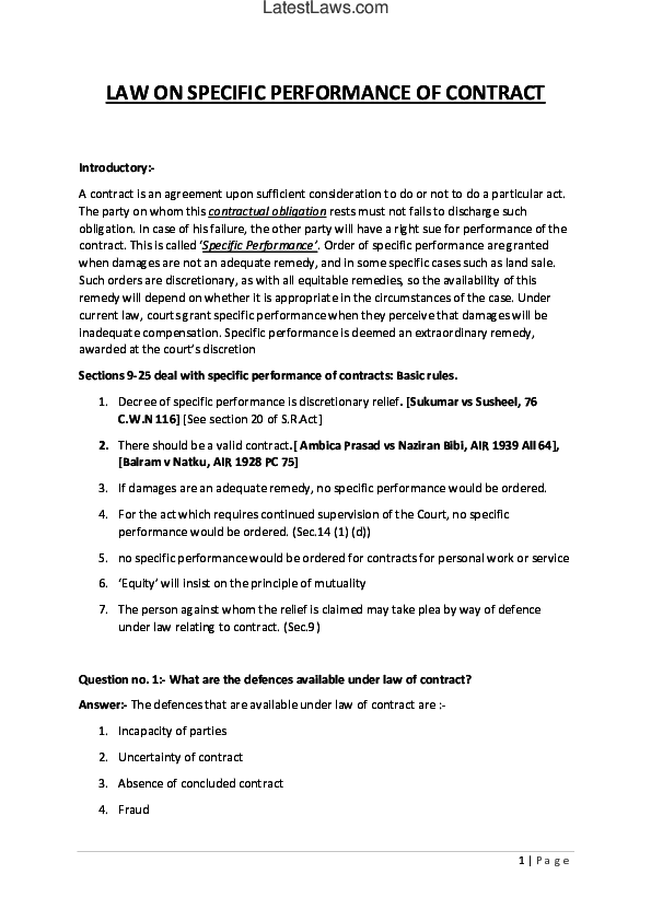 (PDF) LAW ON SPECIFIC PERFORMANCE OF CONTRACT