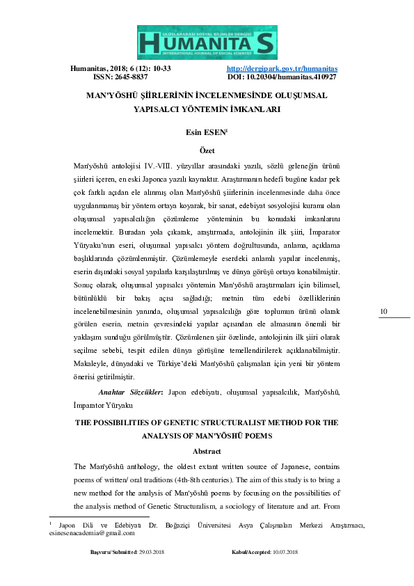 (PDF) Esen, Esin, (2018). Man’yōshū Şiirlerinin İncelenmesinde ...