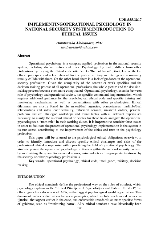(PDF) IMPLEMENTING OPERATIONAL PSYCHOLOGY IN NATIONAL SECURITY SYSTEM ...