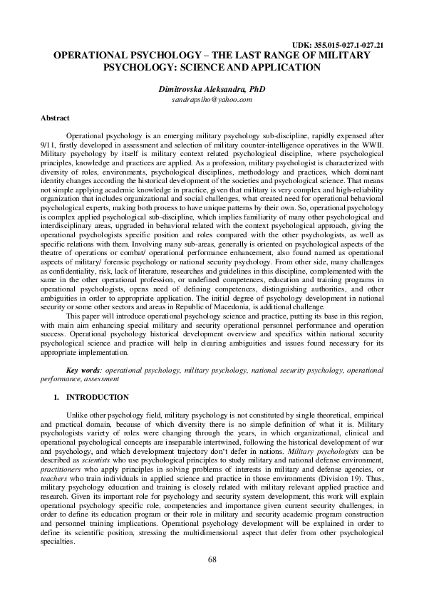 (PDF) OPERATIONAL PSYCHOLOGY – THE LAST RANGE OF MILITARY PSYCHOLOGY ...