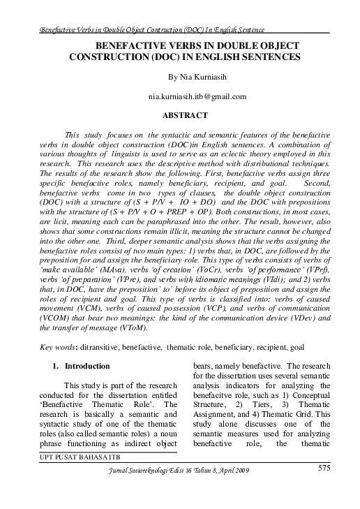 (PDF) Benefactive Verbs in Double Object Construction (Doc) in English ...