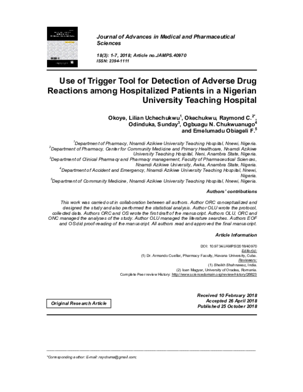 (PDF) Use of Trigger Tool for Detection of Adverse Drug Reactions among ...