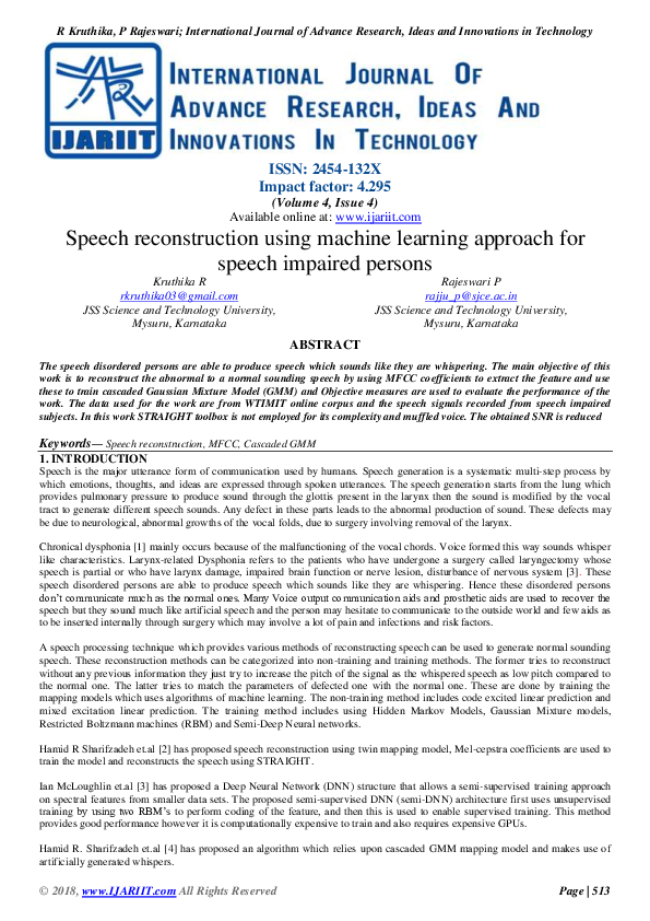 (PDF) Speech reconstruction using machine learning approach for speech ...