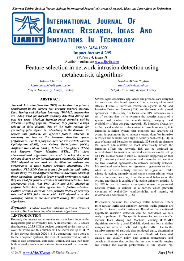 Pdf Feature Selection In Network Intrusion Detection Using Metaheuristic Algorithms