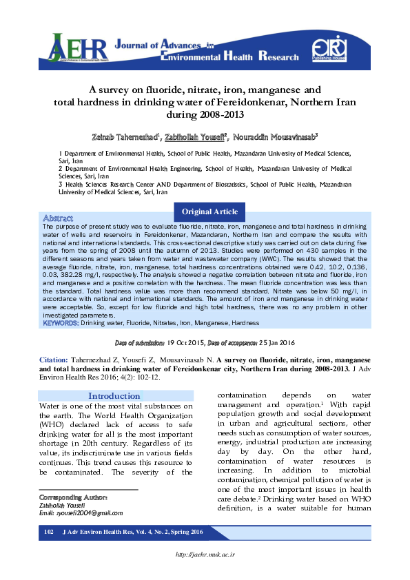 (PDF) A survey on fluoride, nitrate, iron, manganese and total hardness ...
