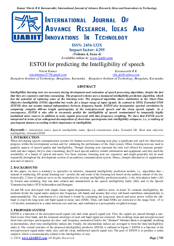 (PDF) ESTOI for predicting the Intelligibility of speech