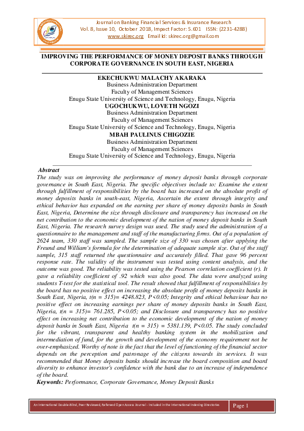 (PDF) IMPROVING THE PERFORMANCE OF MONEY DEPOSIT BANKS THROUGH CORPORATE GOVERNANCE IN SOUTH ...