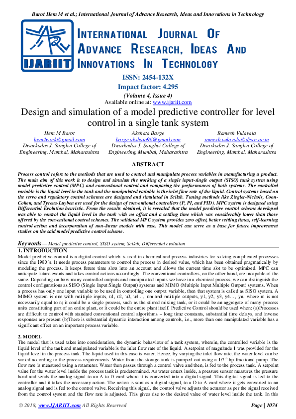 Pdf Design And Simulation Of A Model Predictive Controller For Level Control In A Single Tank