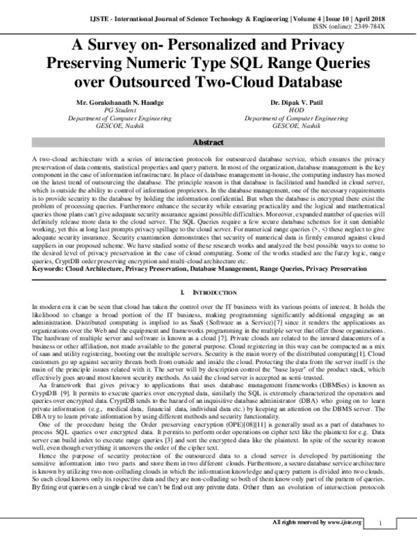 (PDF) A Survey on-Personalized and Privacy Preserving Numeric Type SQL Range Queries over ...