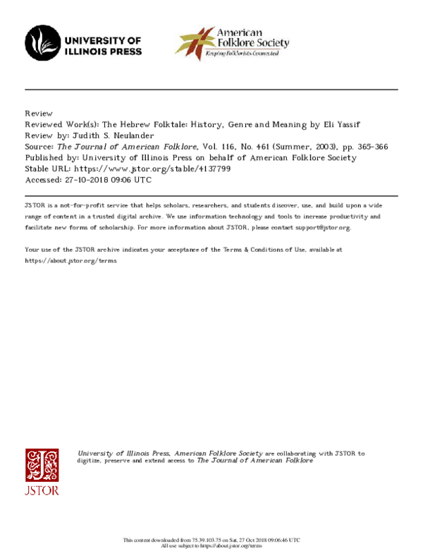 (PDF) The Hebrew Folktale: History, Genre and Meaning (review)