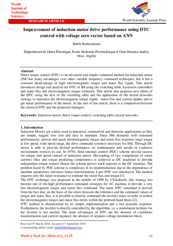 Pdf Improvement Of Induction Motor Drive Performance Using Dtc Control With Voltage Zero